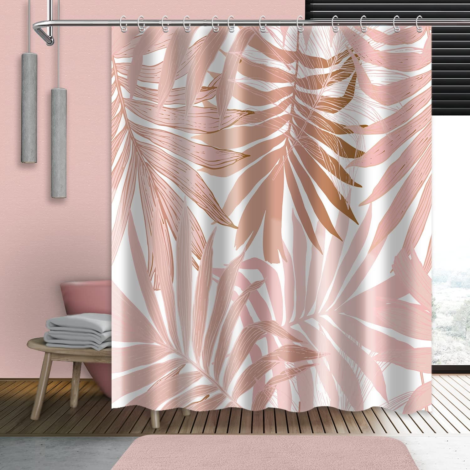 Pink Shower Curtain Rose Gold Palm Leaves Modern Luxury Shower Curtains ...