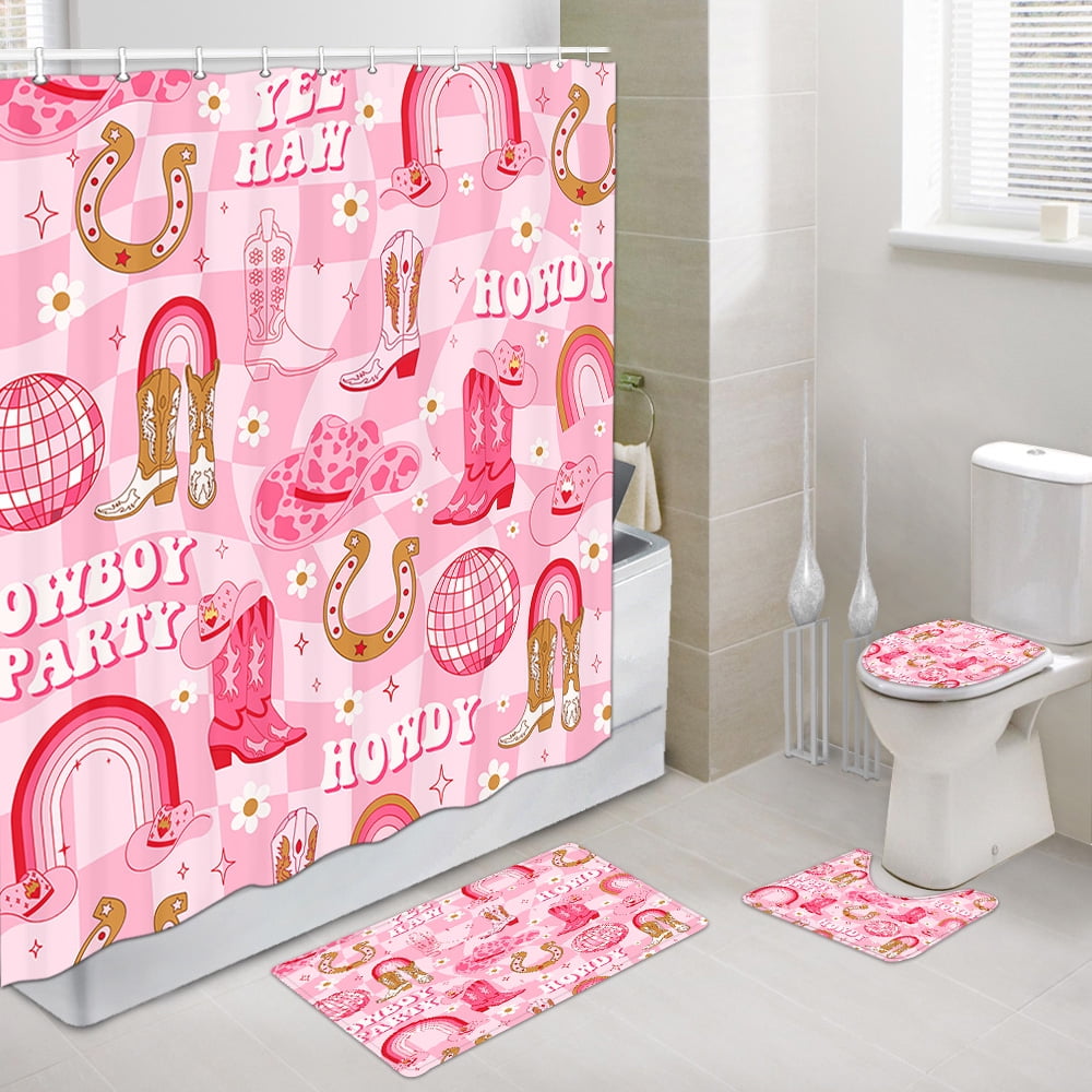 Pink Shower Curtain Sets with Rugs 4 Piece,Western Modern Preppy Cute ...