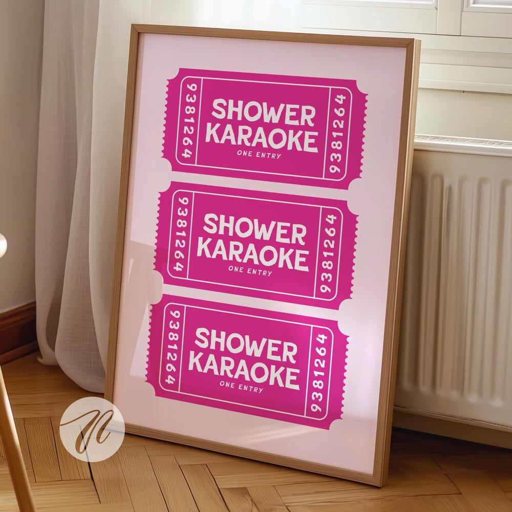 Pink Shower Karaoke Ticket Art Print, Retro Bathroom UNFRAMED PAPER ...