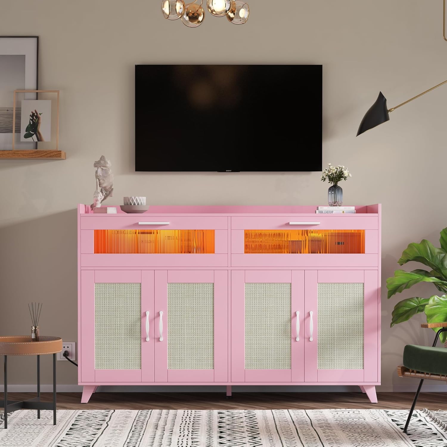 Pink Sideboard with Power Outlet & LED Light - Smart Storage with ...