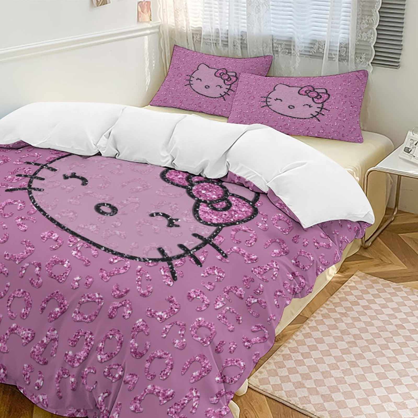 Pink Silver Hello Kitty Comforter Set Soft 3 Pcs Queen Bedding Sets ...