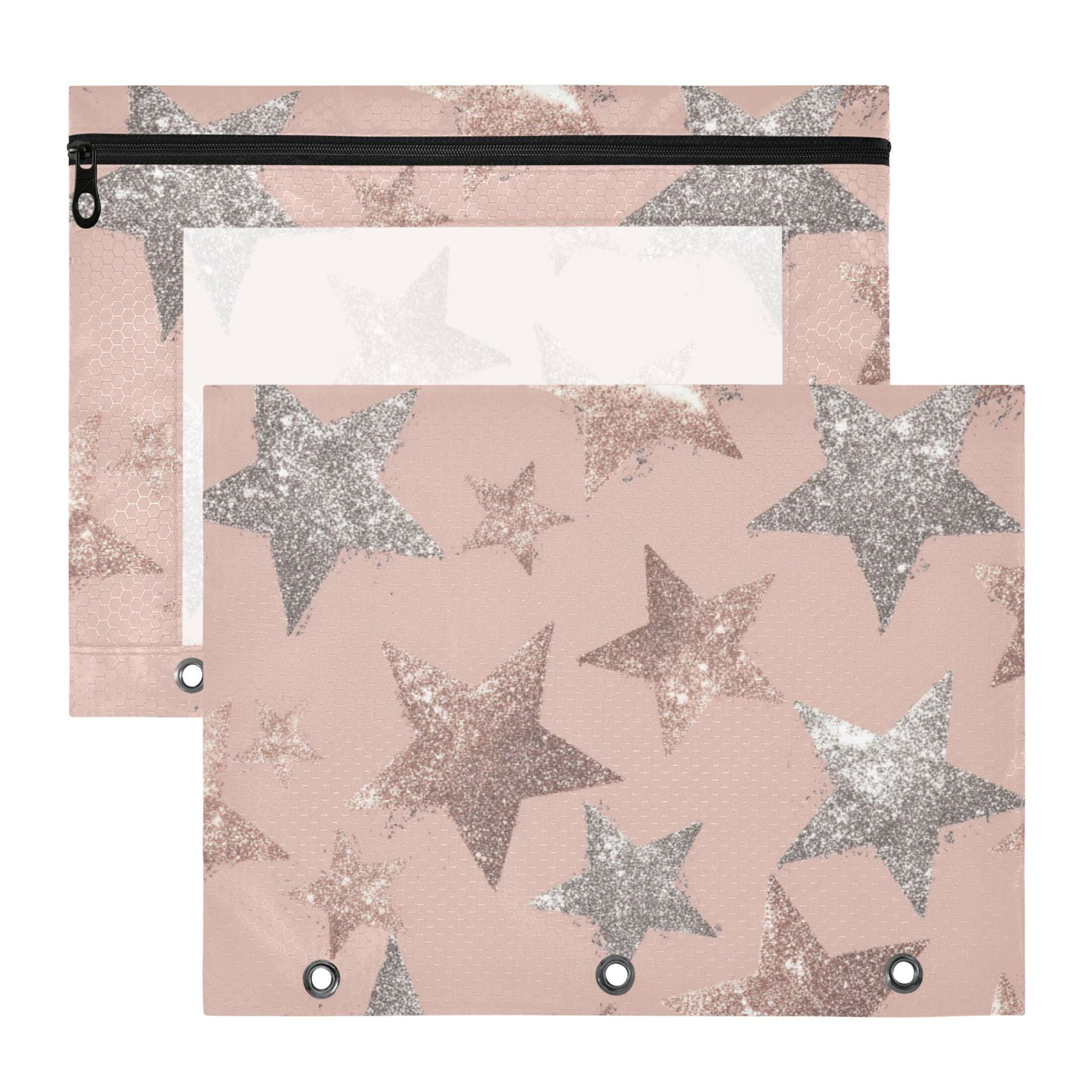Pink Silver Shining Stars 3-Ring Binder Pouches A4 Size Zipper Pocket ...