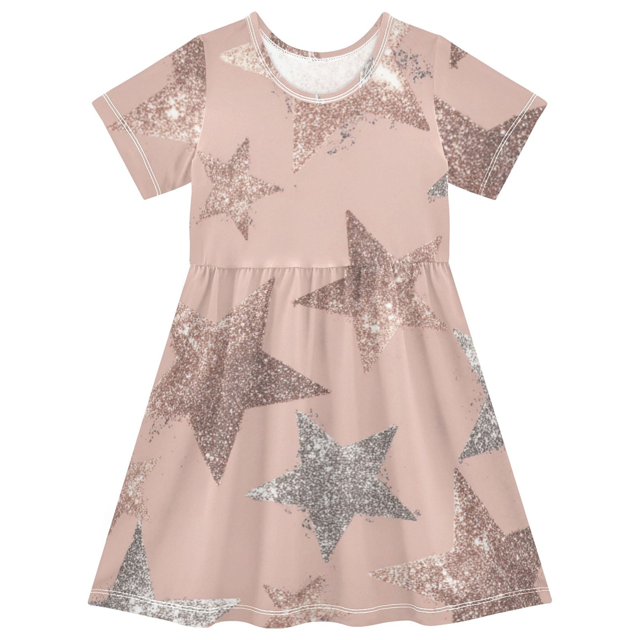 Pink Silver Shining Stars Girls' Short Sleeve Dress A-Line One-Piece Dress UPF 50+ Quick Dry 5 ...