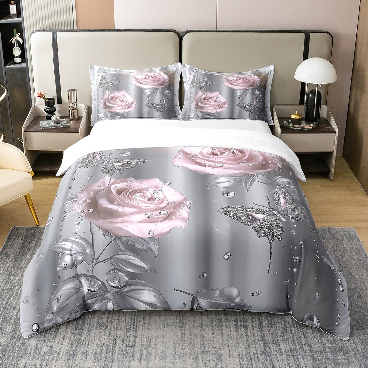 Pink Silvery Floral Cotton Duvet Cover Sets(NO Comforter),Pink Rose ...