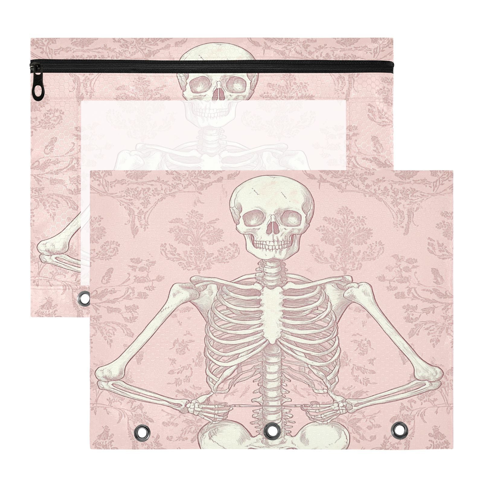 Pink Skeleton with Flowers A4 Pencil Pouch 3 Ring Zipper Pencil Pouches ...