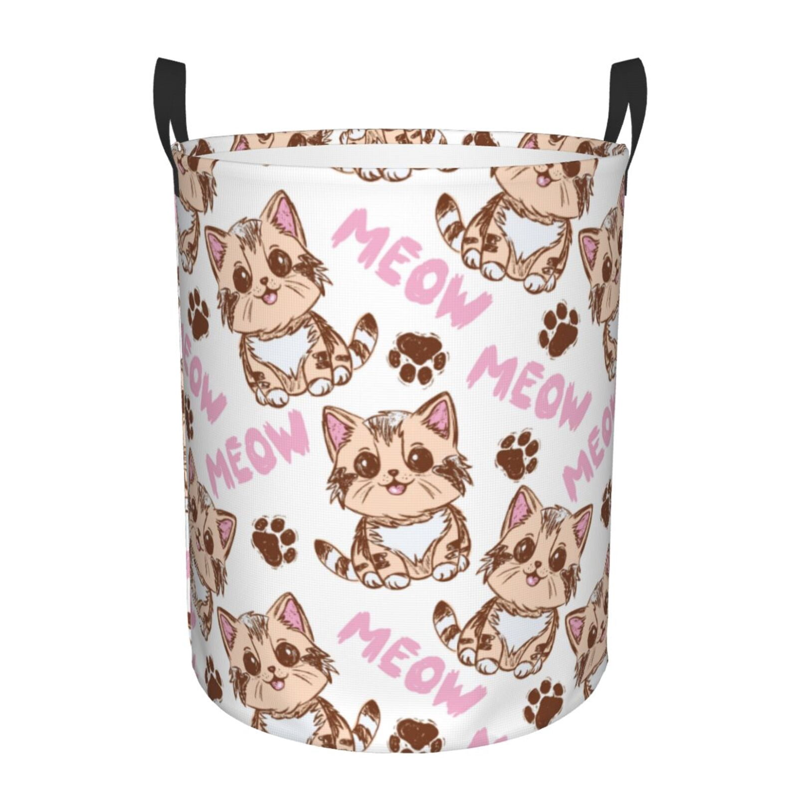Pink Sketch Cute Cartoon Cat Laundry Basket, Laundry Hamper Waterproof ...