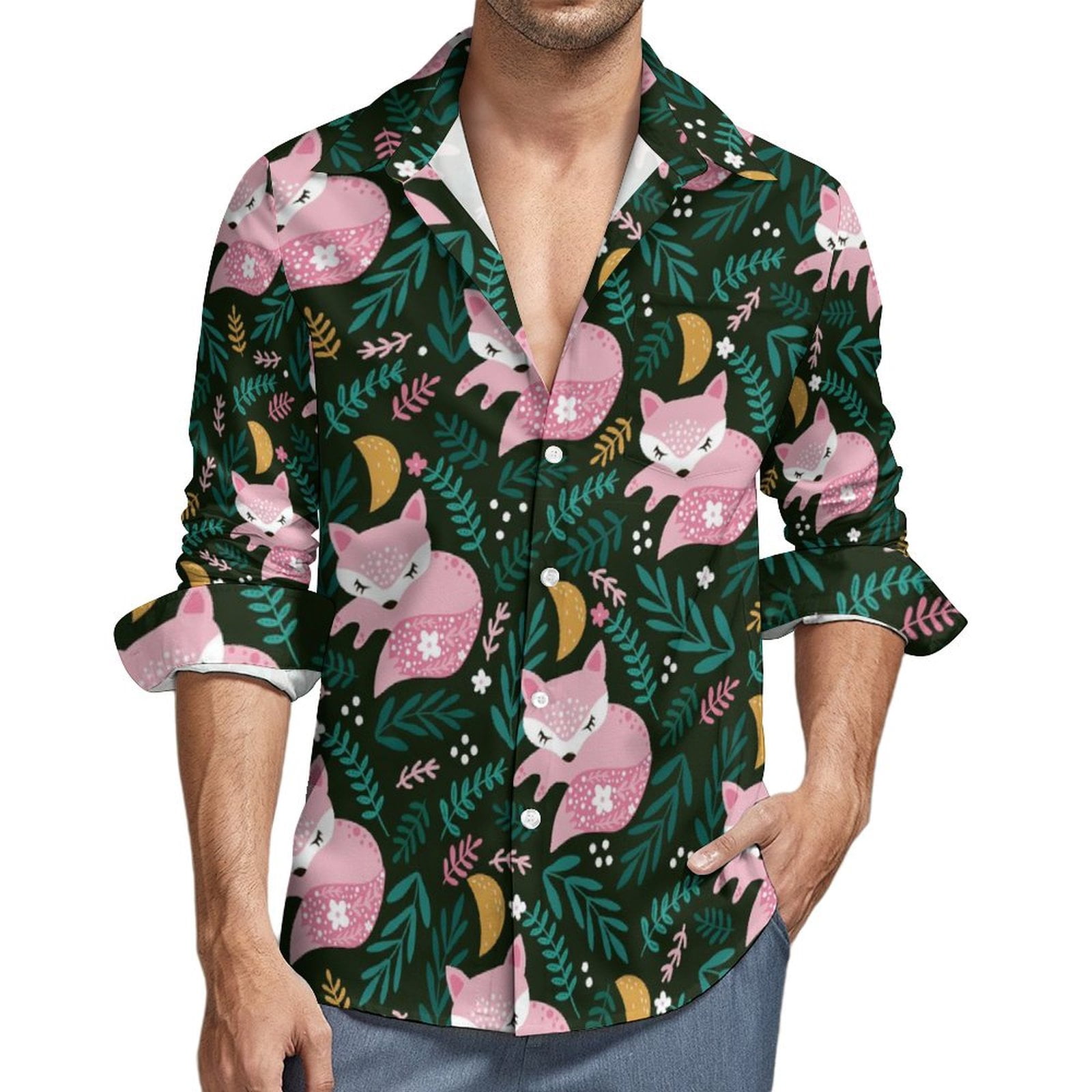 Pink Sleeping Fox Mens Long Sleeve Button Down Shirts, Casual Men's ...