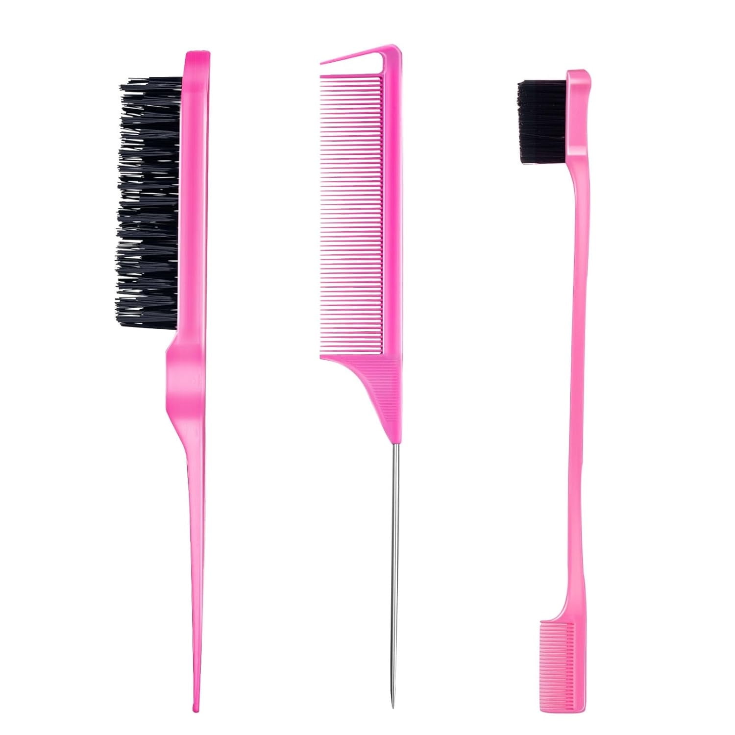 Pink Slick Back Hair Brush 3 Pcs Hair Comb Set - Rat Tail Comb for Hair ...