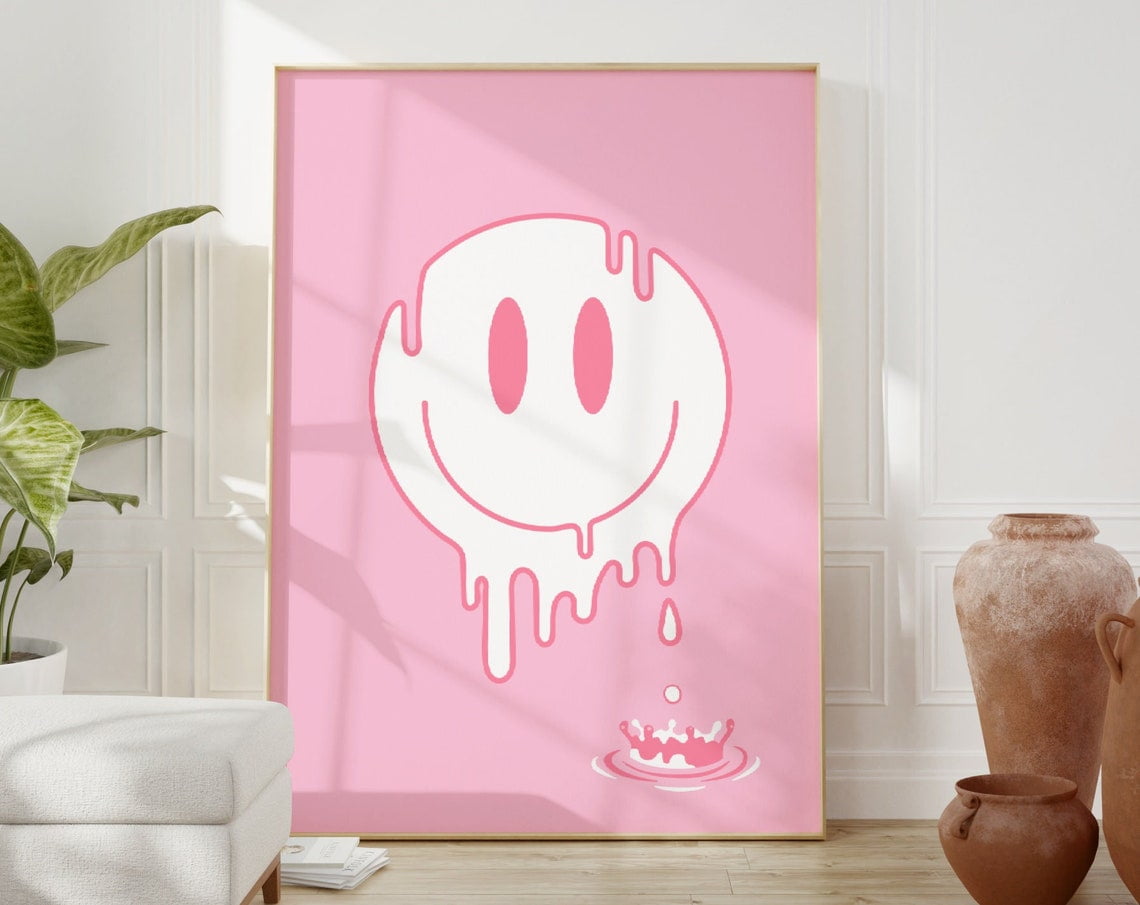 Pink Smiley Face Poster, Colorful Preppy Prints Preppy Room Decor ...