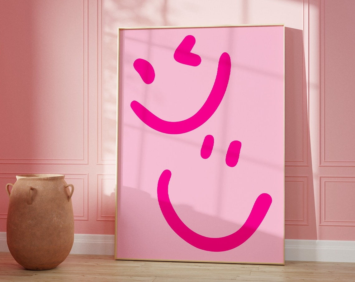 Pink Smiley Face Poster, Hot Pink Preppy Fun Smileys Wall Art, Preppy ...
