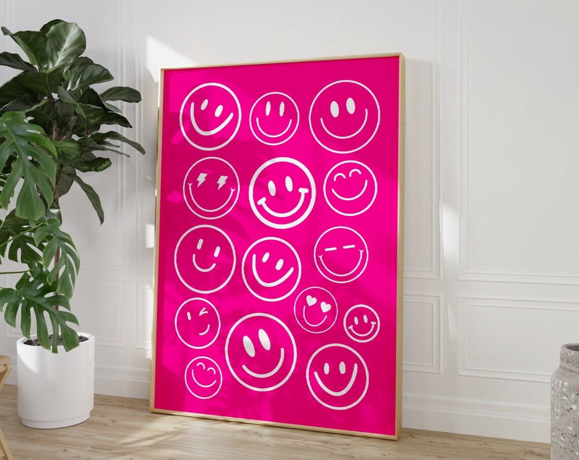 Pink Smiley Face Poster, Hot Pink Preppy Fun Smileys Wall Art, Preppy ...