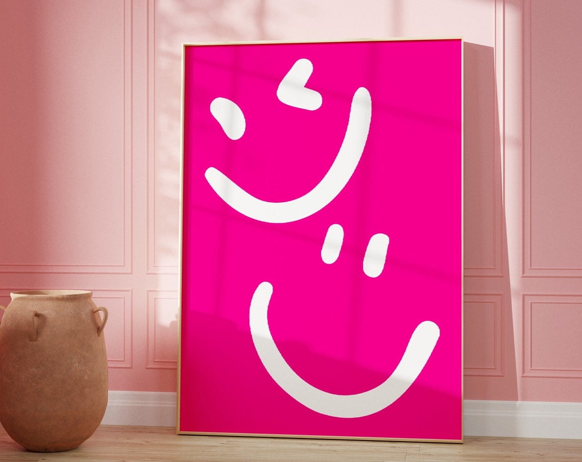 Pink Smiley Face Poster, Hot Pink Preppy Fun Smileys Wall Art, Preppy ...