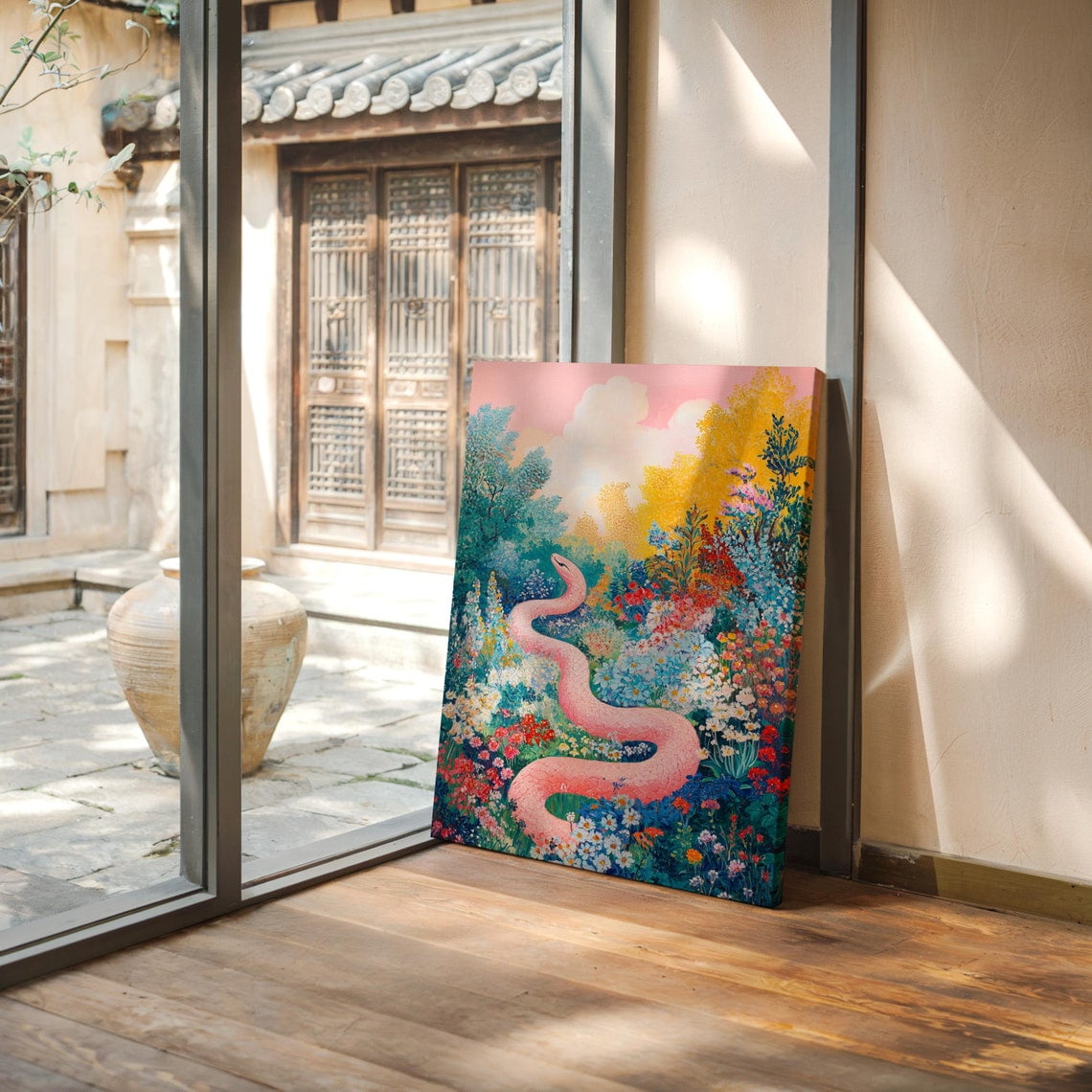 Pink Snake In Blooming Garden Art - Vibrant Floral Nature Scene With ...