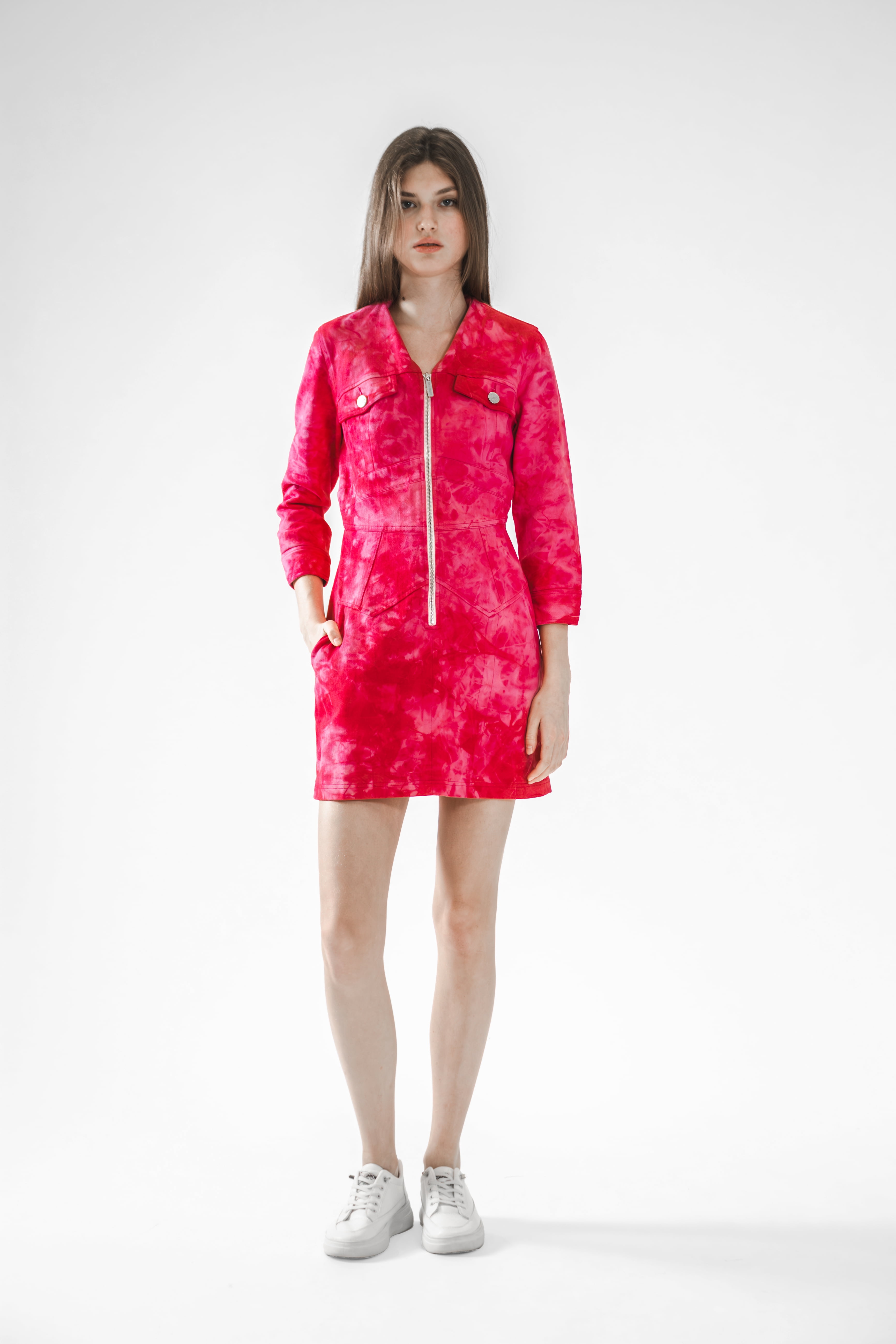 Pink Snow Wash Denim Long-Sleeve Mini Dress - Walmart.com