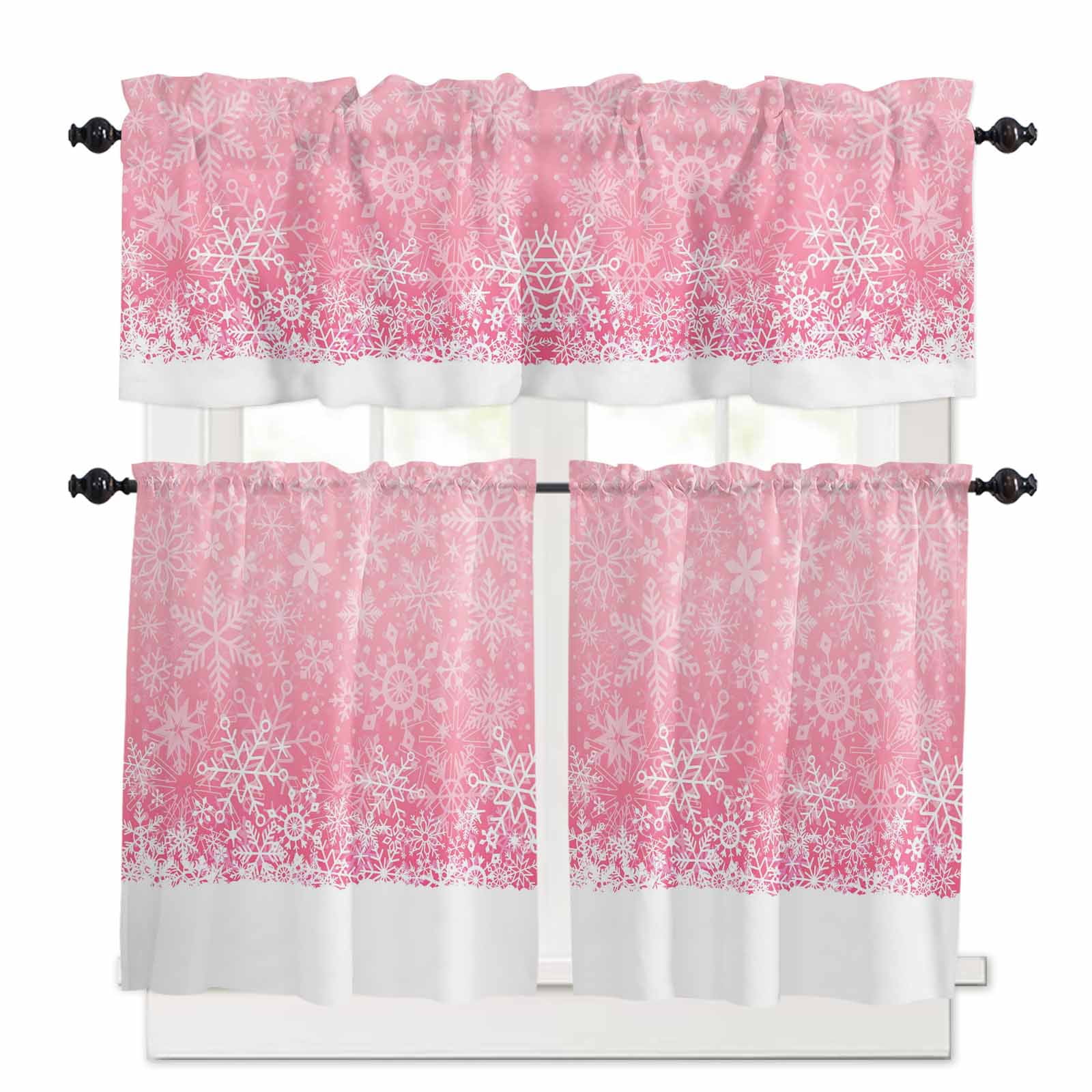 Pink Snowflakes Kitchen Curtains and Valances Set, Winter Xmas Pink ...
