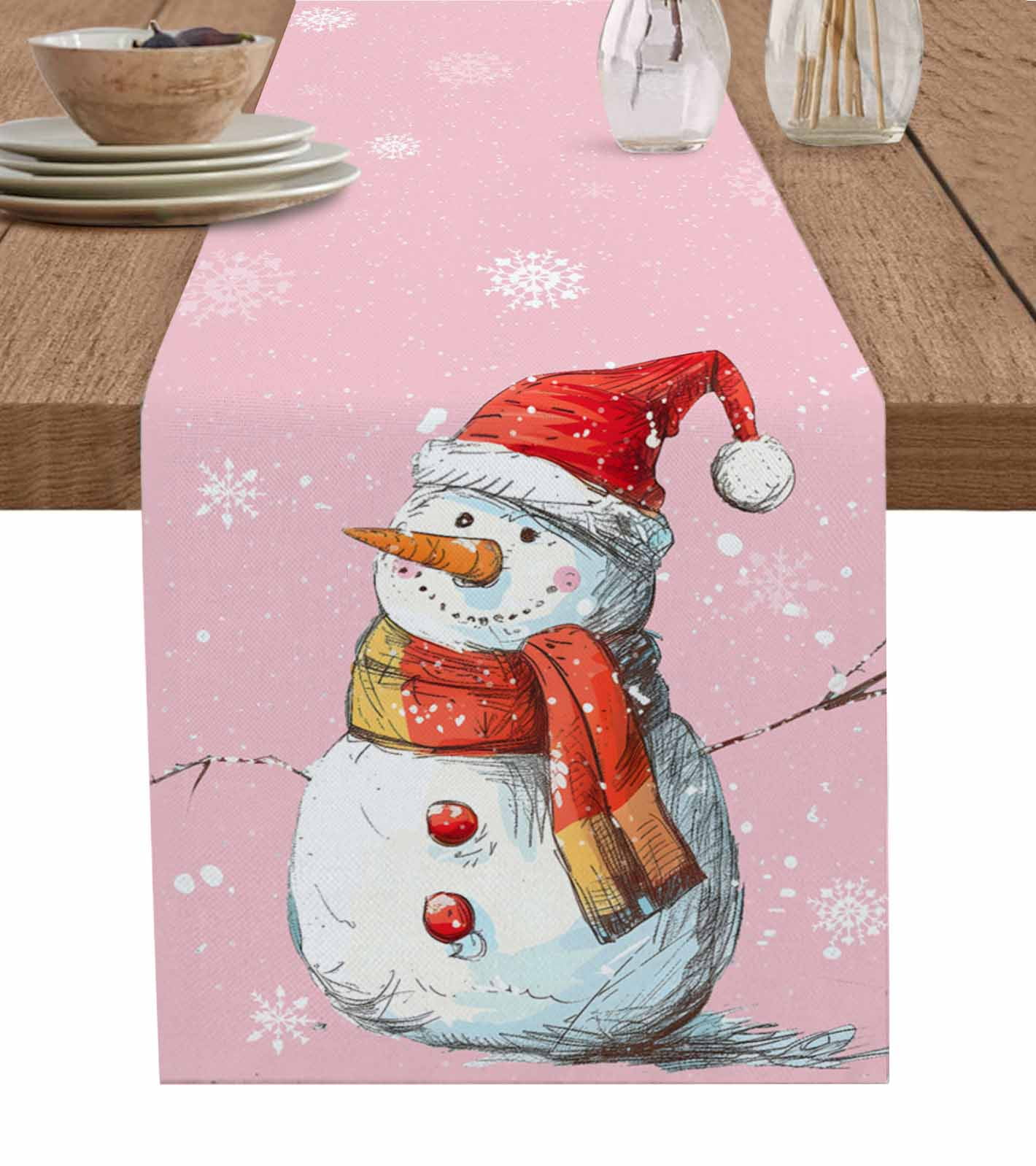 Pink Snowman Christmas Burlap-Cotton Table Runner 120 Inches Long,Xmas ...
