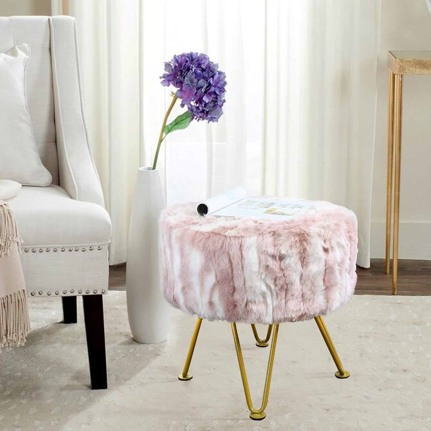 Pink Soft Faux Fur Ottoman Round Fuzzy Entryway Bench Seat, 18"x18"x18 ...