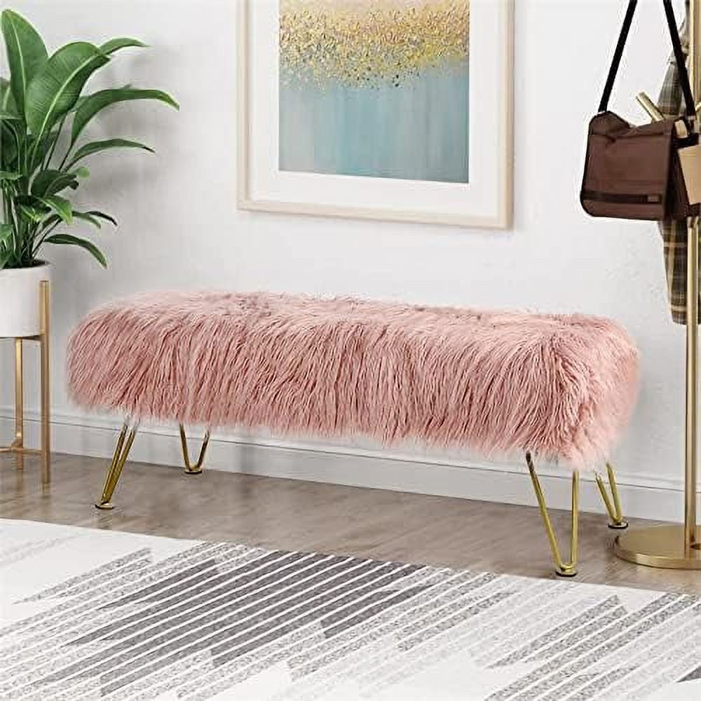 Pink Soft Plush Faux Fur Ottoman Entryway Bench Furry Footrest Stool 46 ...