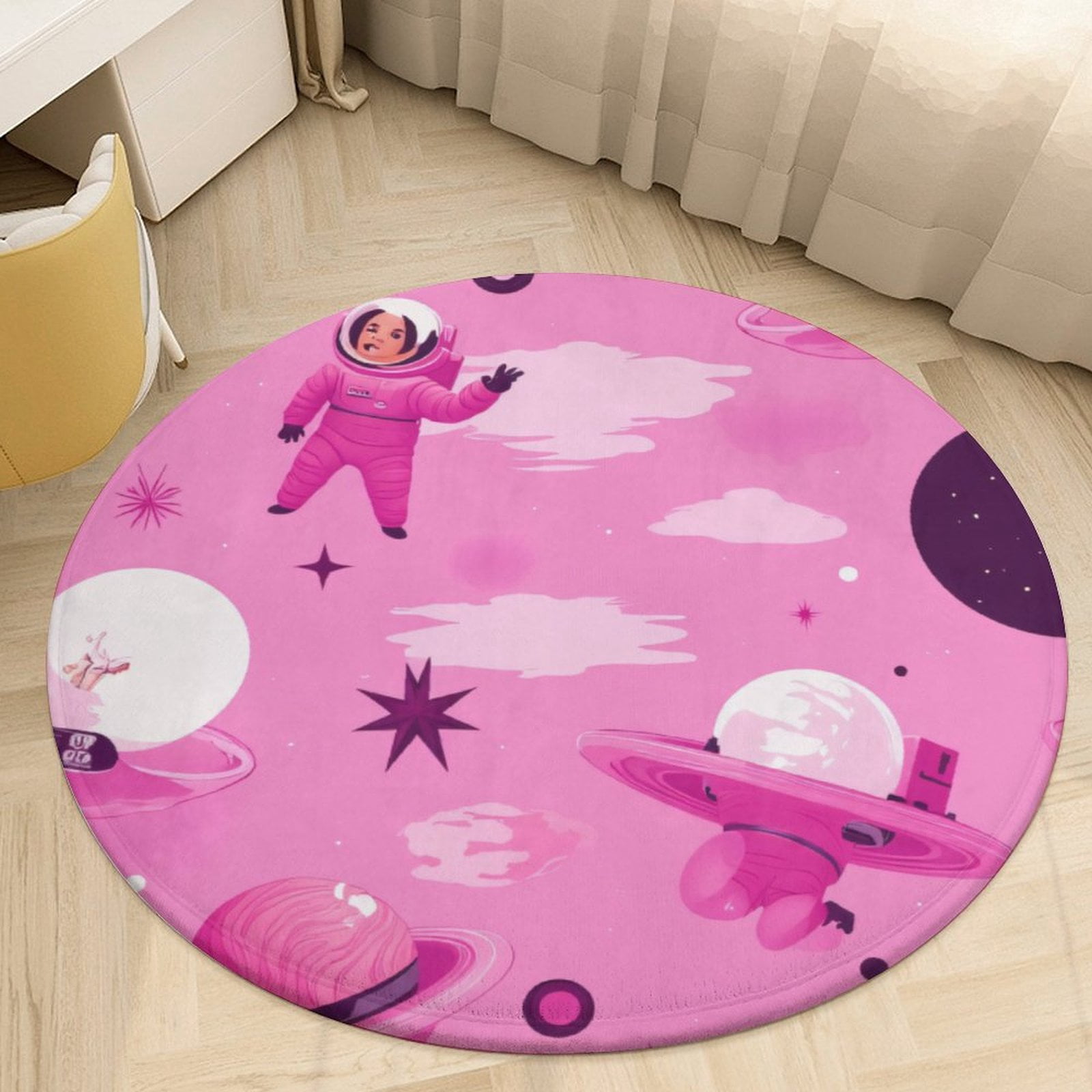 Pink Space Astronauts Adventure Round Area Rugs for Bedroom Living Room ...