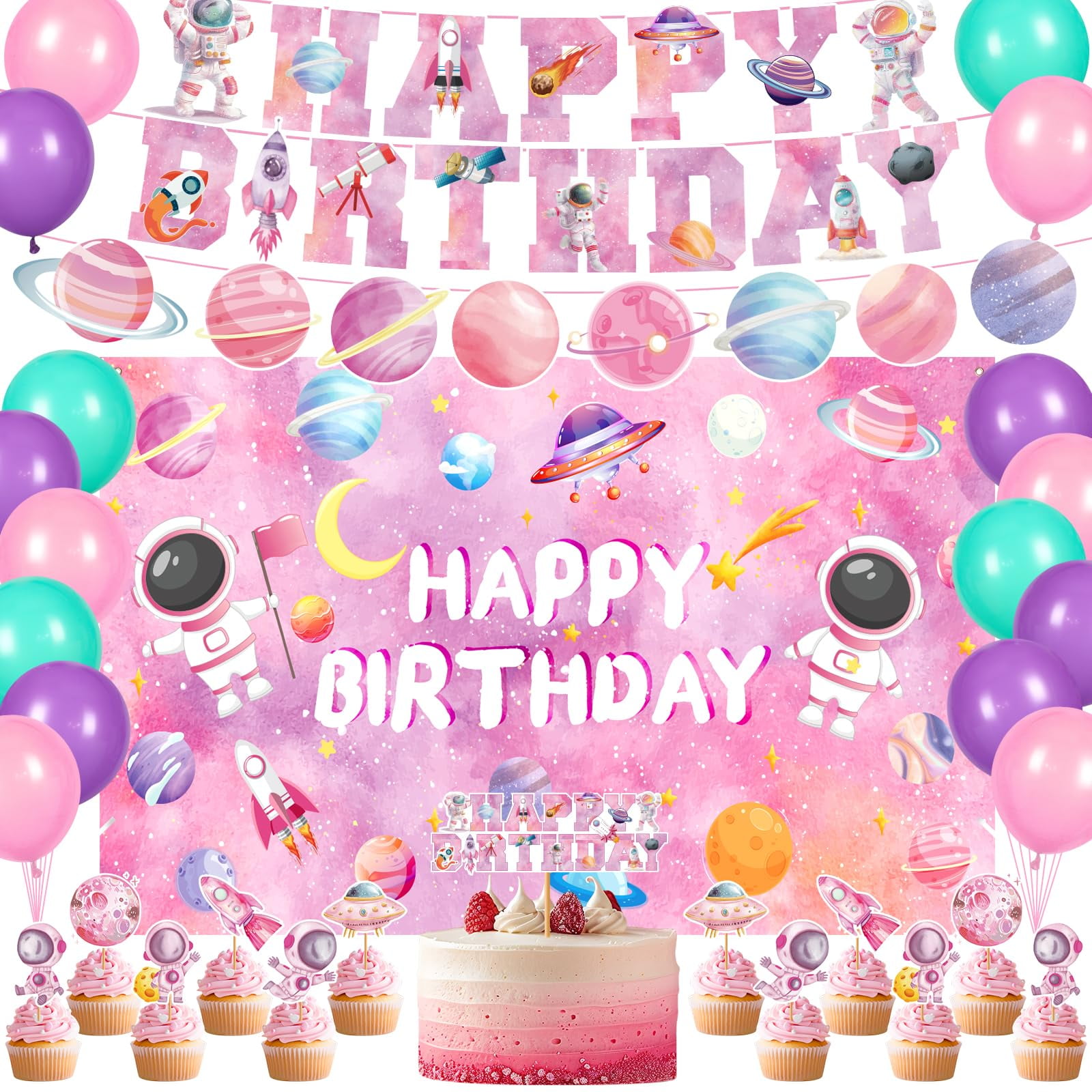 Pink Space Birthday Decorations Outer Space Theme Party Supplies Solar ...