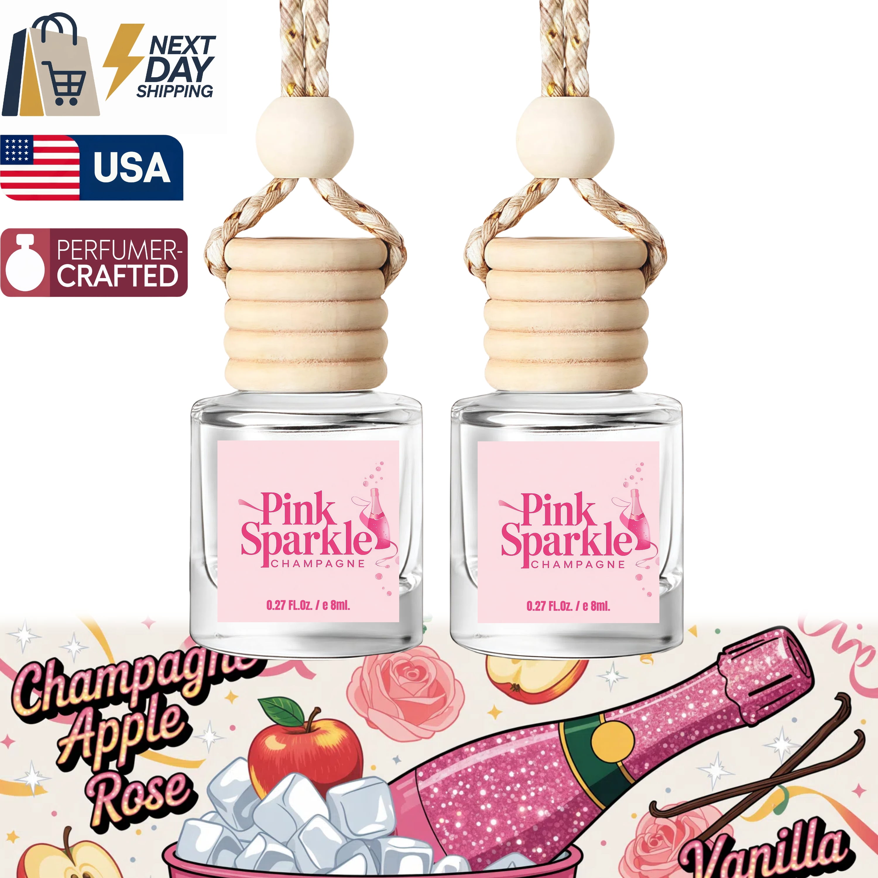 Pink Sparkle Champagne Car Essential Oil Diffuser – Hanging Air Freshener for Car Interior, Long ...