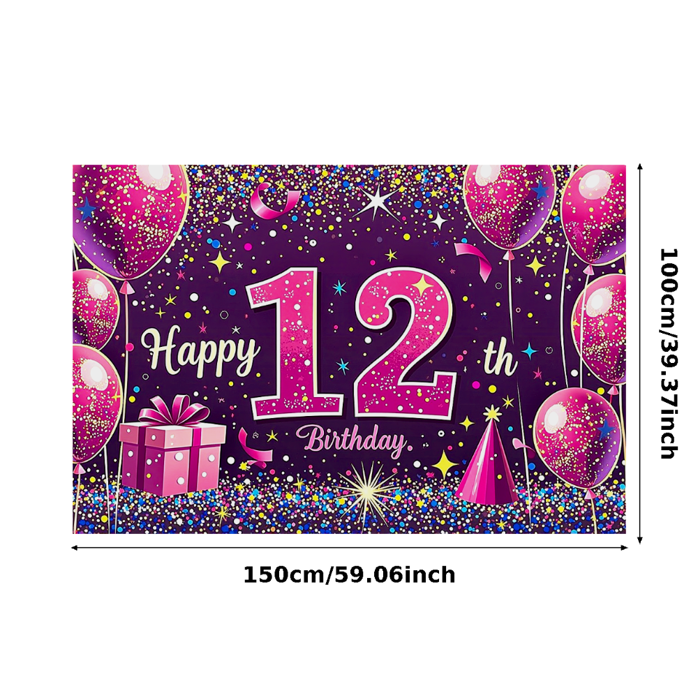 Pink Sparkling Happy 12th Birthday Banner with Balloons Gift Party Hat ...
