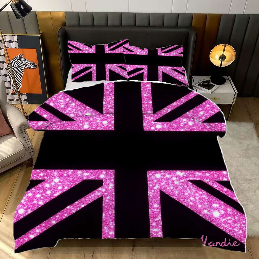Pink Sparkling Union Jack Comforter Set King Size Bedding Set For Travl ...