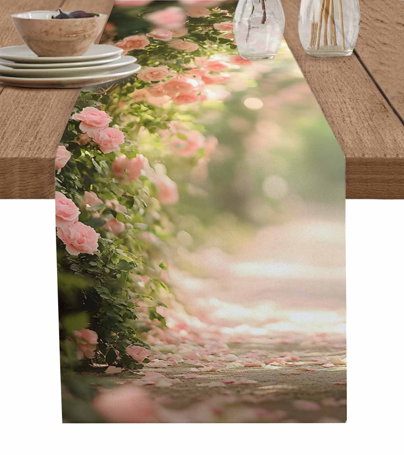Pink Spring Floral Burlap Cotton Table Runner 13x108 Inches Long ...