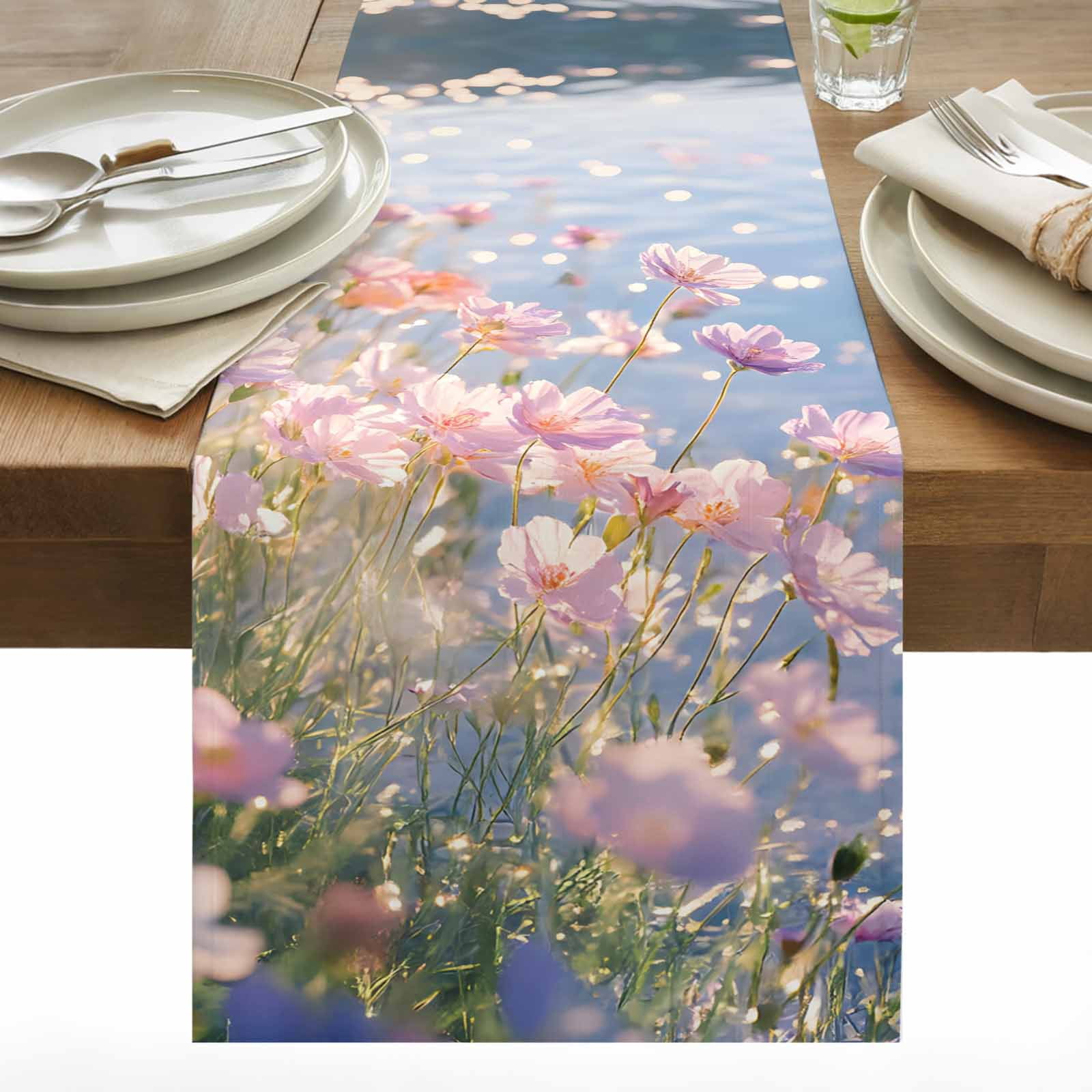 Pink Spring Floral Cotton Linen Table Runner Summer Flower By The Lake ...