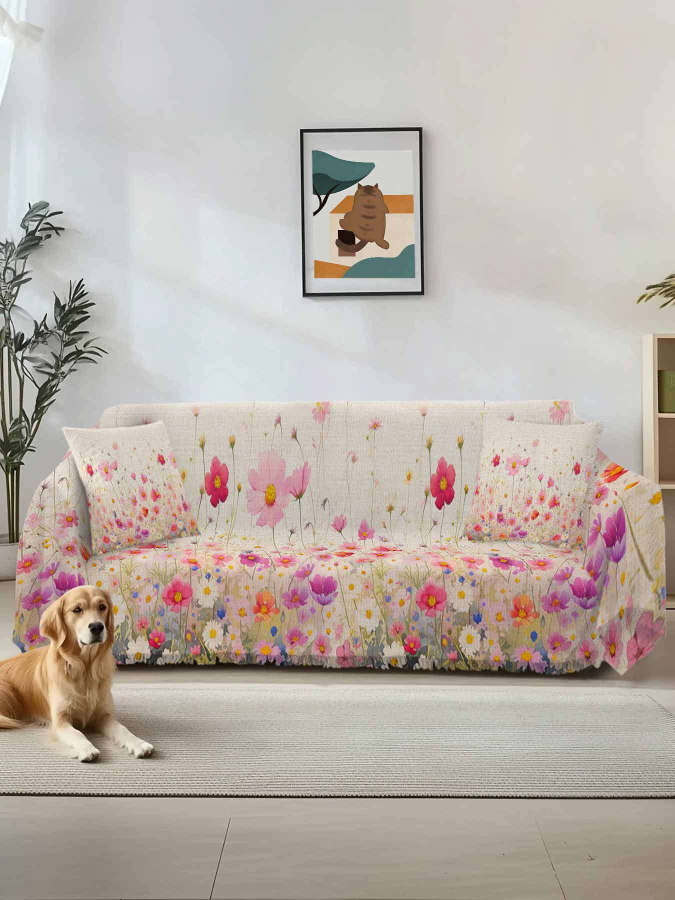 Pink Spring Floral Couch Cover for Dogs, Watercolor Summer Botanical ...
