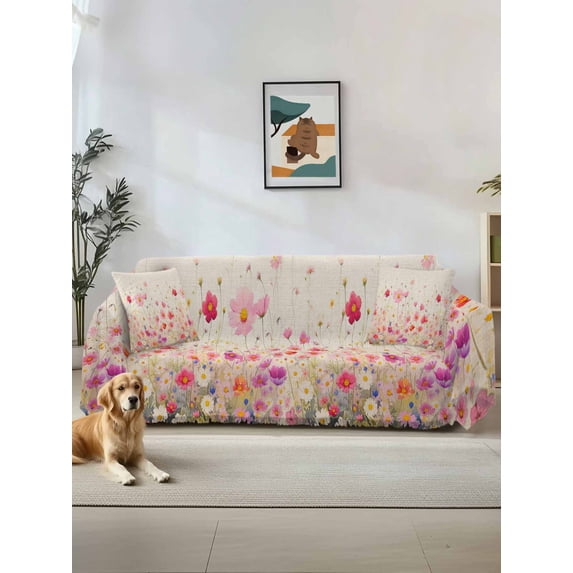 Pink Spring Floral Couch Cover for Dogs, Watercolor Summer Botanical ...