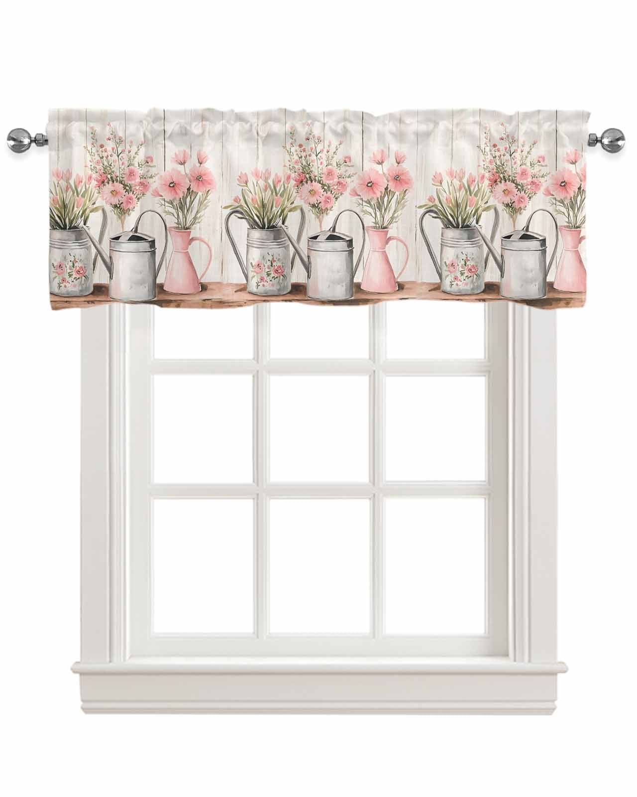 Pink Spring Floral Kitchen Valances for Windows Farmhouse Linen Window ...