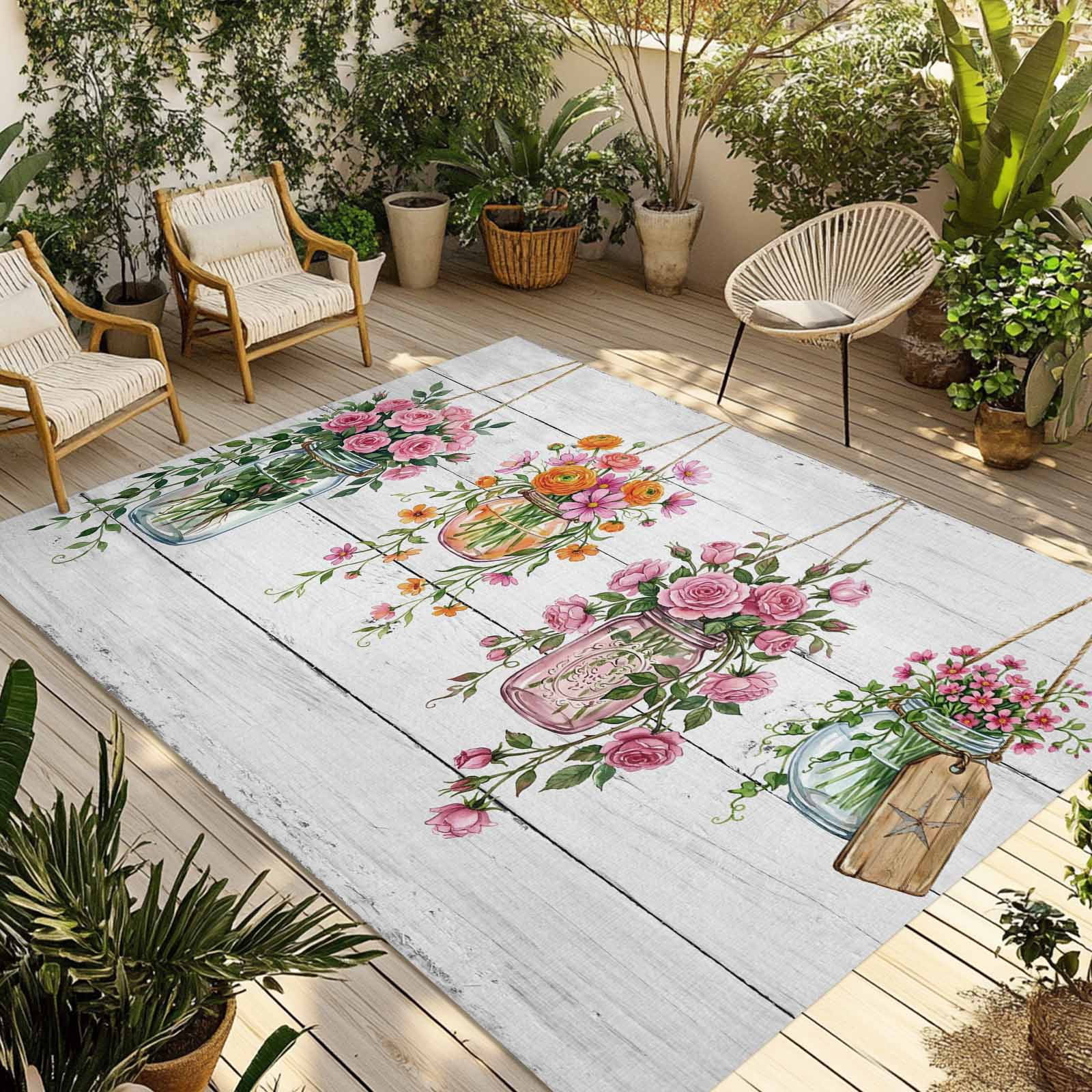Pink Spring Floral Outdoor Rug for Patio/Deck/Porch, Non-Slip Large ...