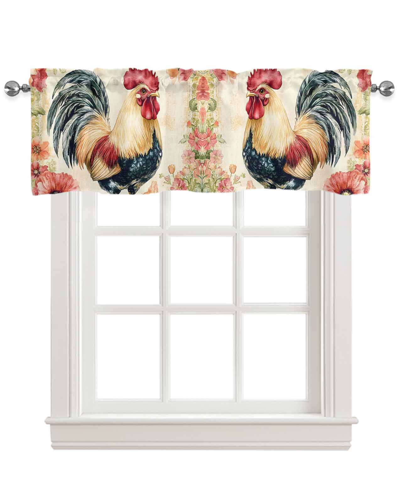 Pink Spring Floral Rooster Kitchen Valances for Windows Farmhouse Linen ...