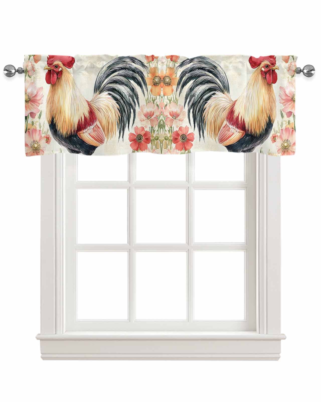 Pink Spring Floral Rooster Kitchen Valances for Windows Farmhouse Linen ...