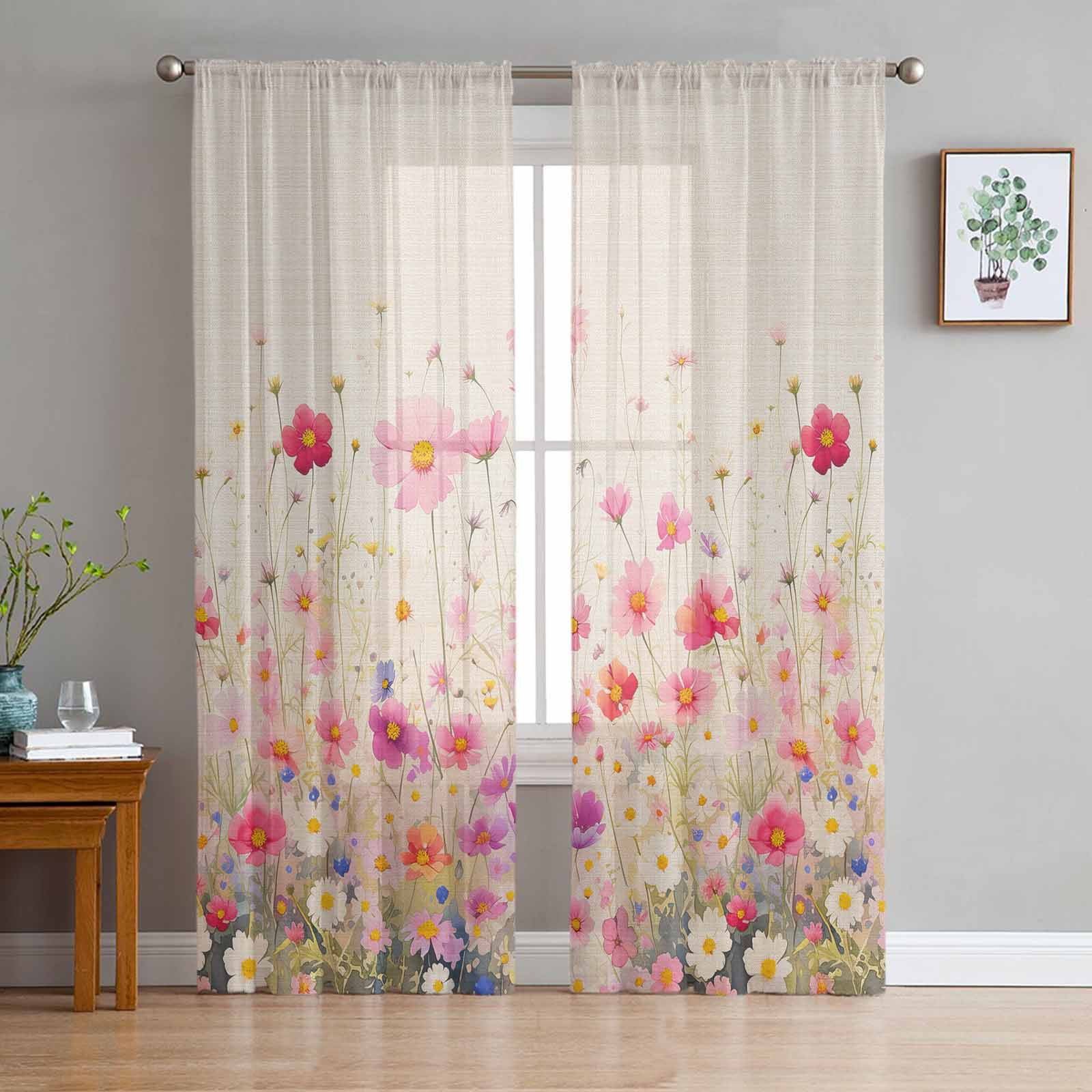 Pink Spring Floral Semi Sheer Curtains 63 Inch Length 2 Panels Set ...