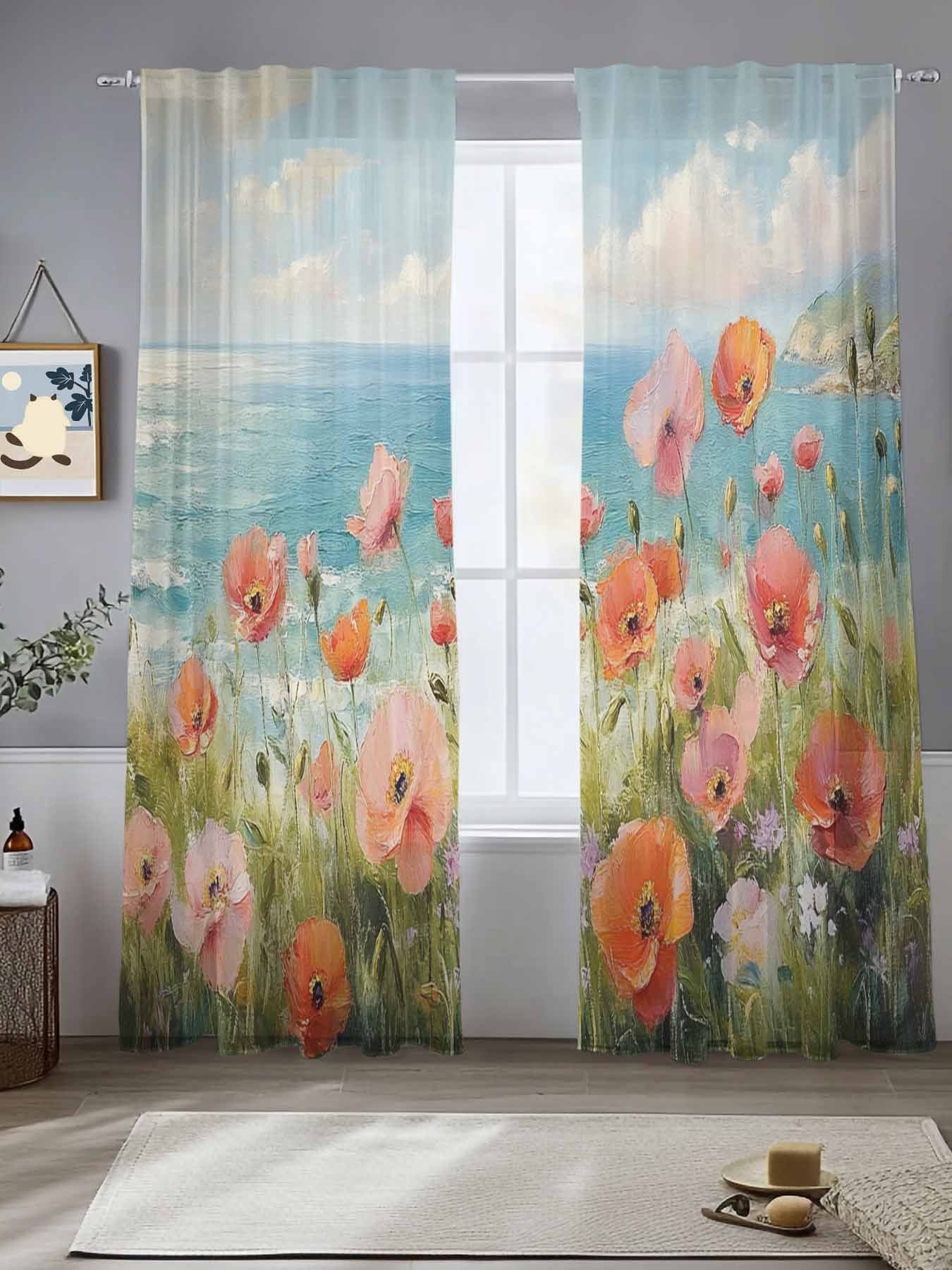 Pink Spring Floral Sheer Curtains for Living Room Bedroom Modern ...