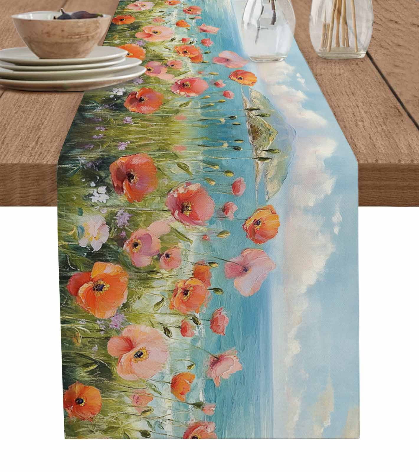 Pink Spring Floral Table Runner 108 Inches, Modern Abstract Art Oil ...