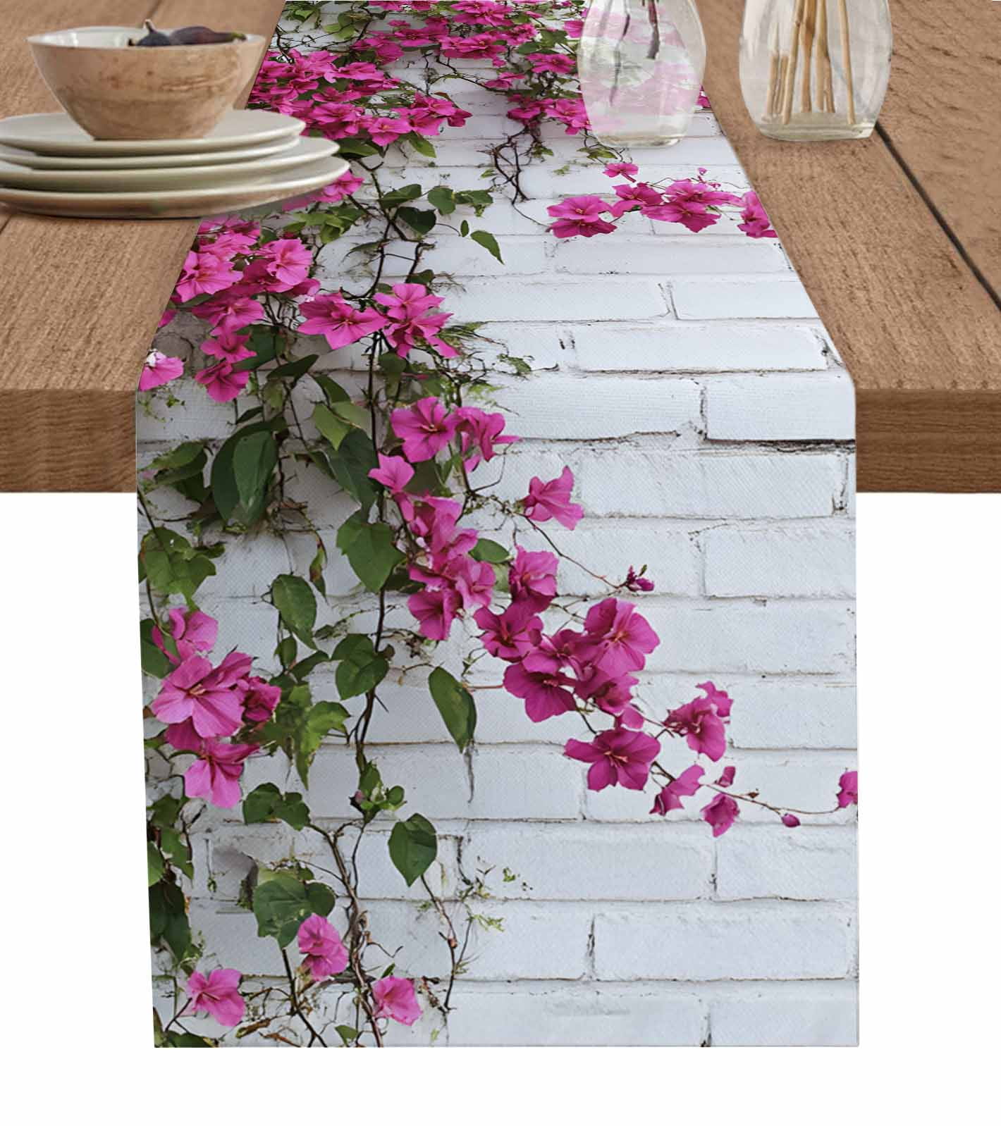 Pink Spring Floral Table Runner 36 Inches, White Farmhouse Summer ...