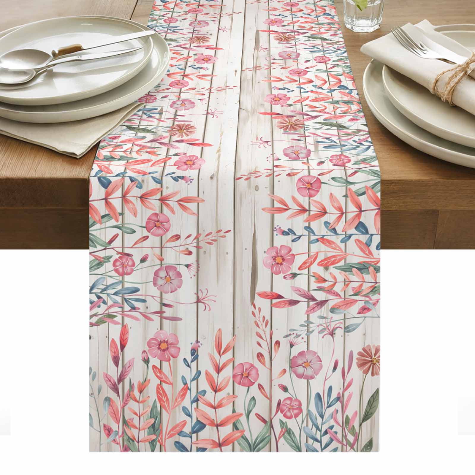 Pink Spring Floral Table Runner - 48 Inch Long, Kitchen Dining Table ...