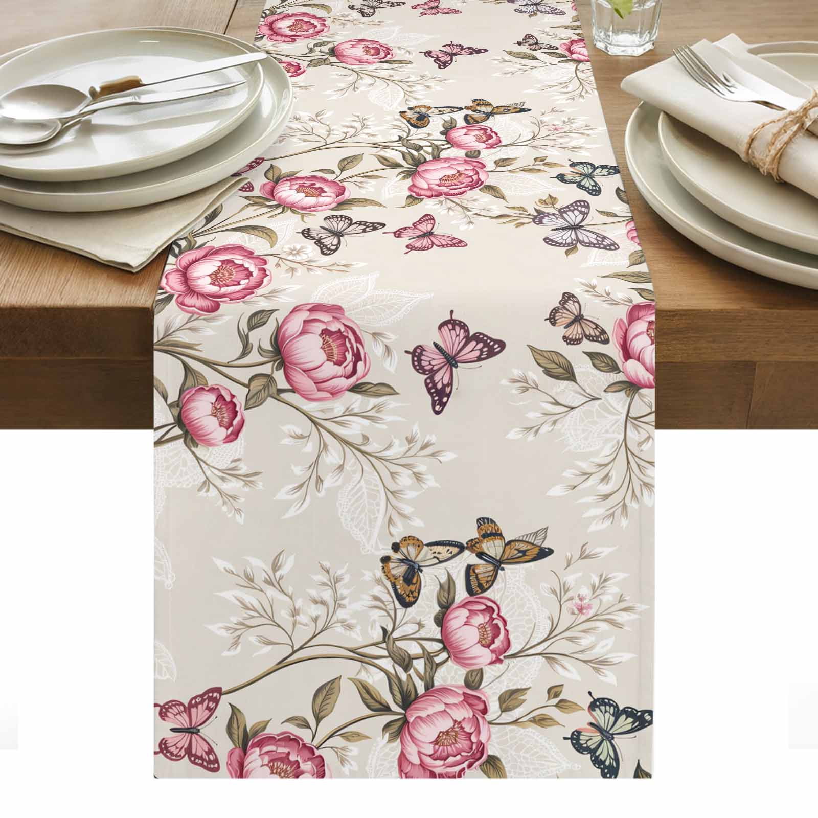 Pink Spring Floral Table Runner - 60 Inch Long, Kitchen Dining Table ...