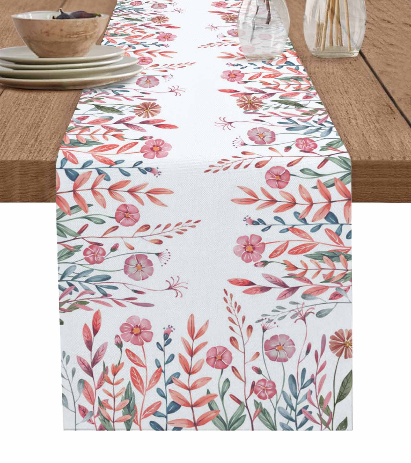Pink Spring Floral Table Runner 70 Inches, Farmhouse Flowers Watercolor ...