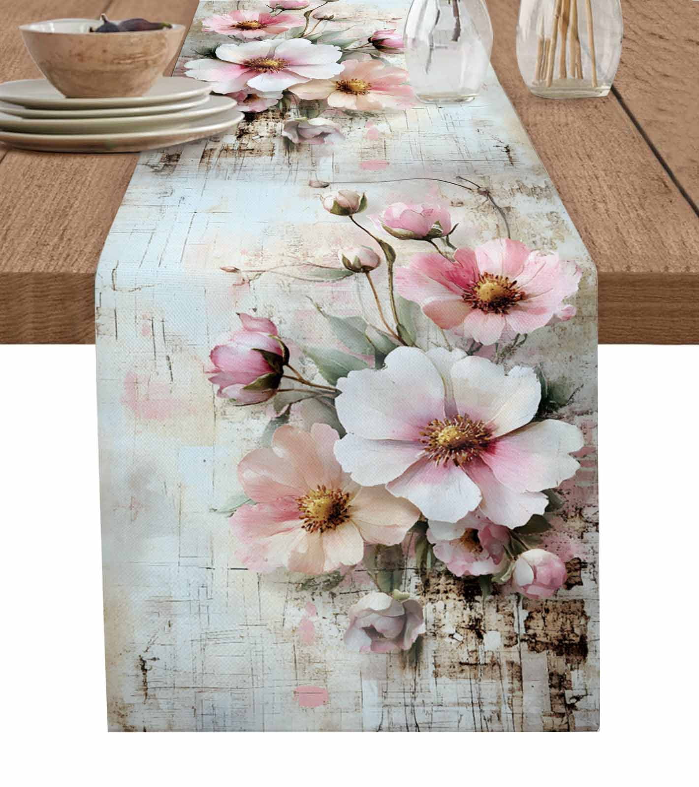 Pink Spring Floral Table Runner 72 Inches, Vintage Botanical Retro ...