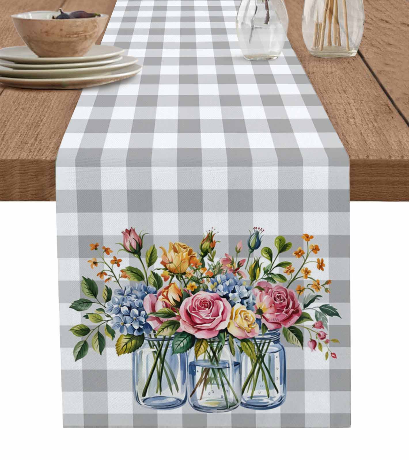Pink Spring Floral Table Runner Flowers Gray Plaid Farmhouse ...