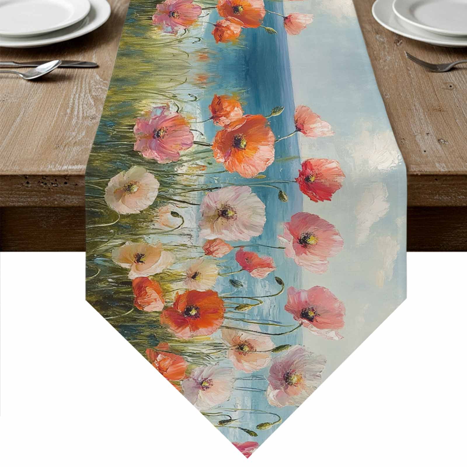 Pink Spring Floral Table Runner Linen Burlap Table Runner 108 Inches ...