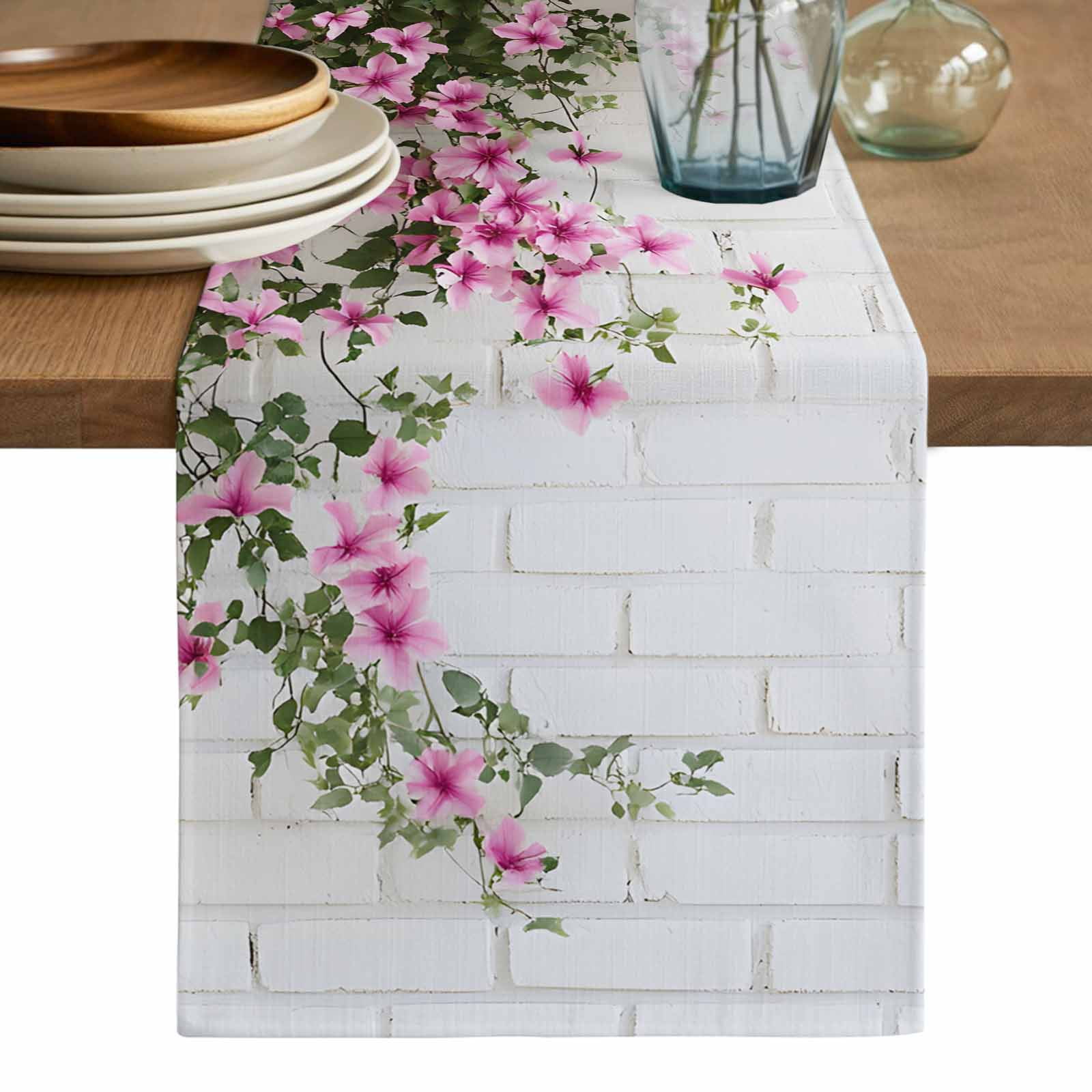 Pink Spring Floral Table Runner, Summer Flowers Farmhouse Washable ...