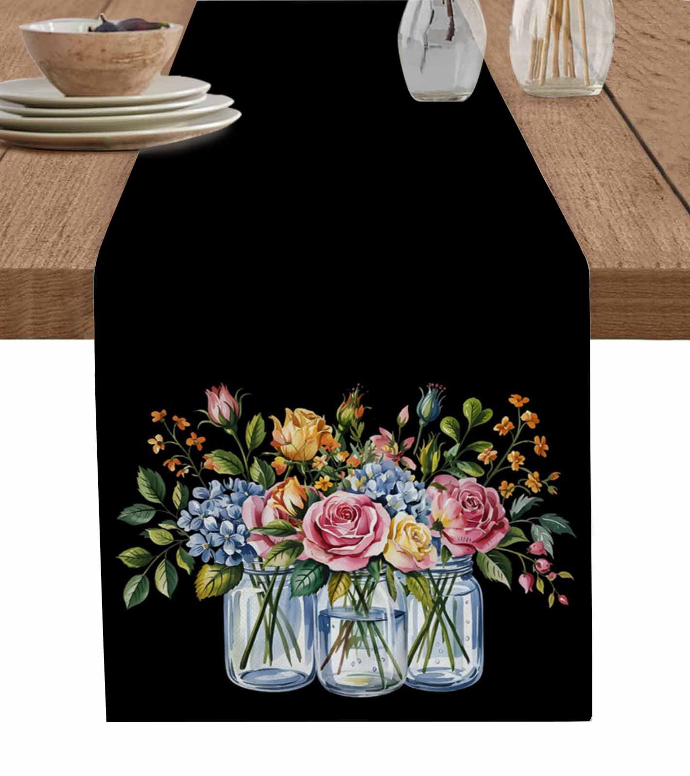 Pink Spring Floral Table Runner Watercolor Black Botanical Farmhouse ...