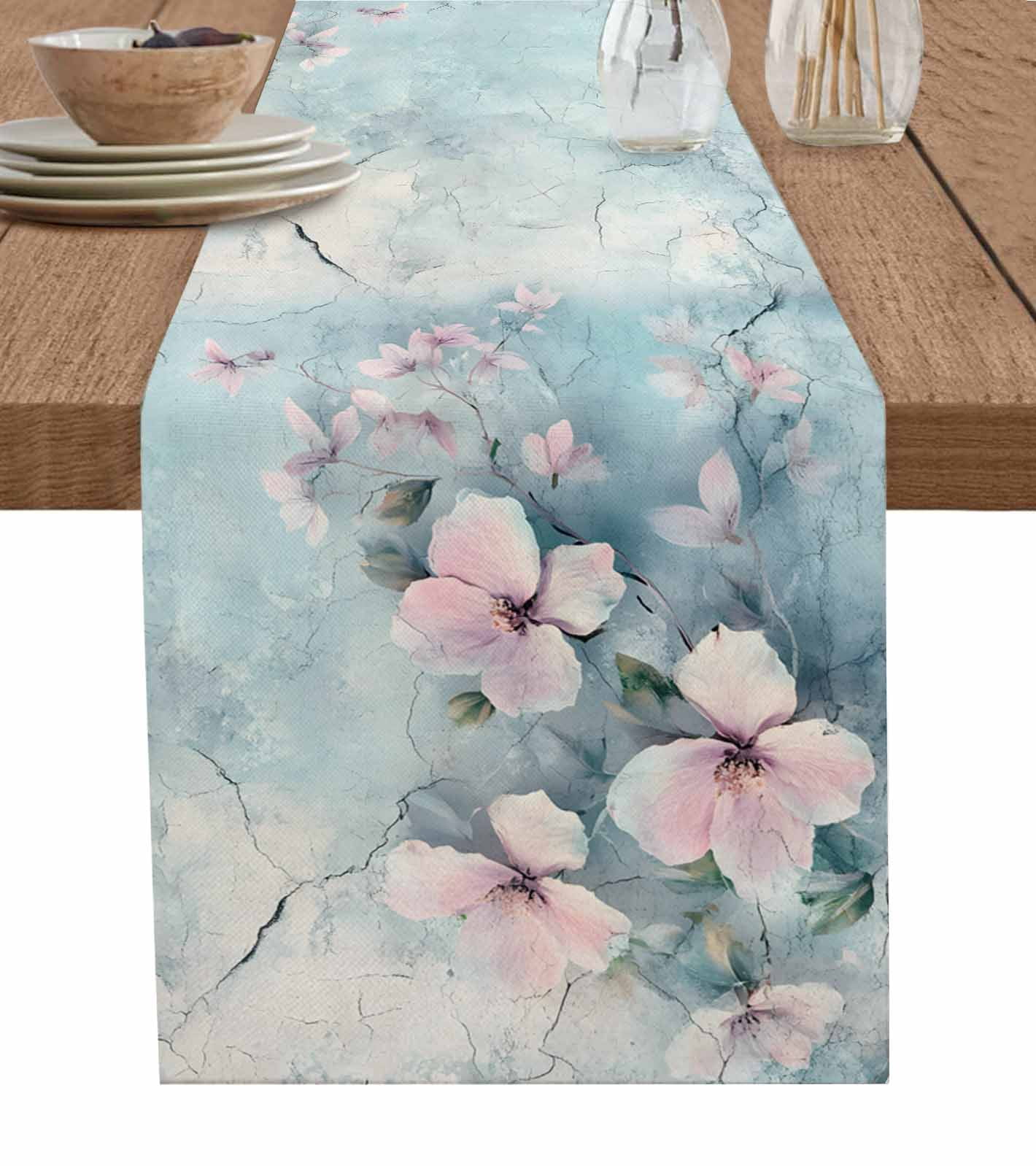 Pink Spring Flower Table Runner 72 Inches, Retro Blue Wall Mottled ...
