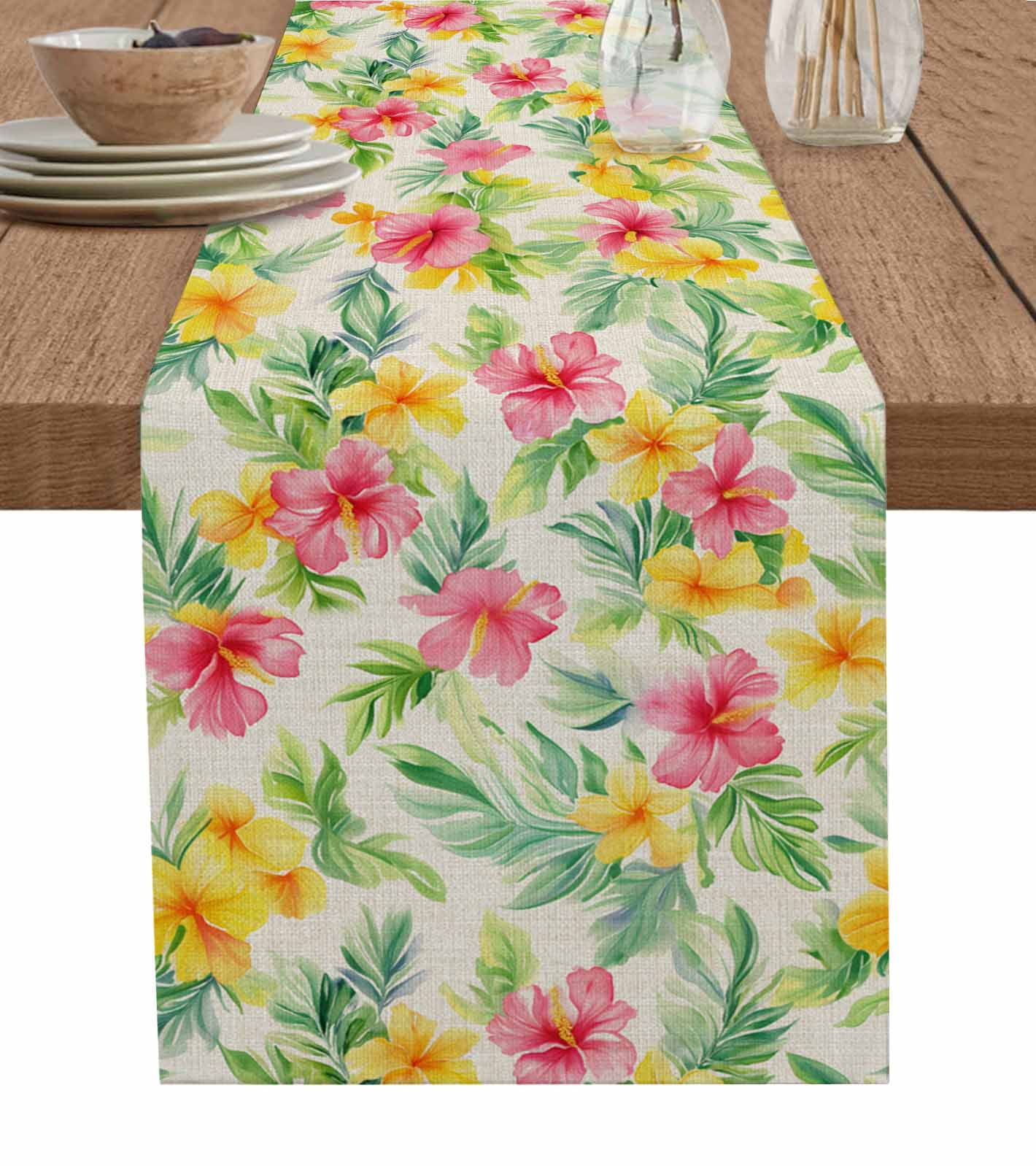 Pink Spring Flowers Burlap Cotton Table Runner 16x72 Inches Long ...