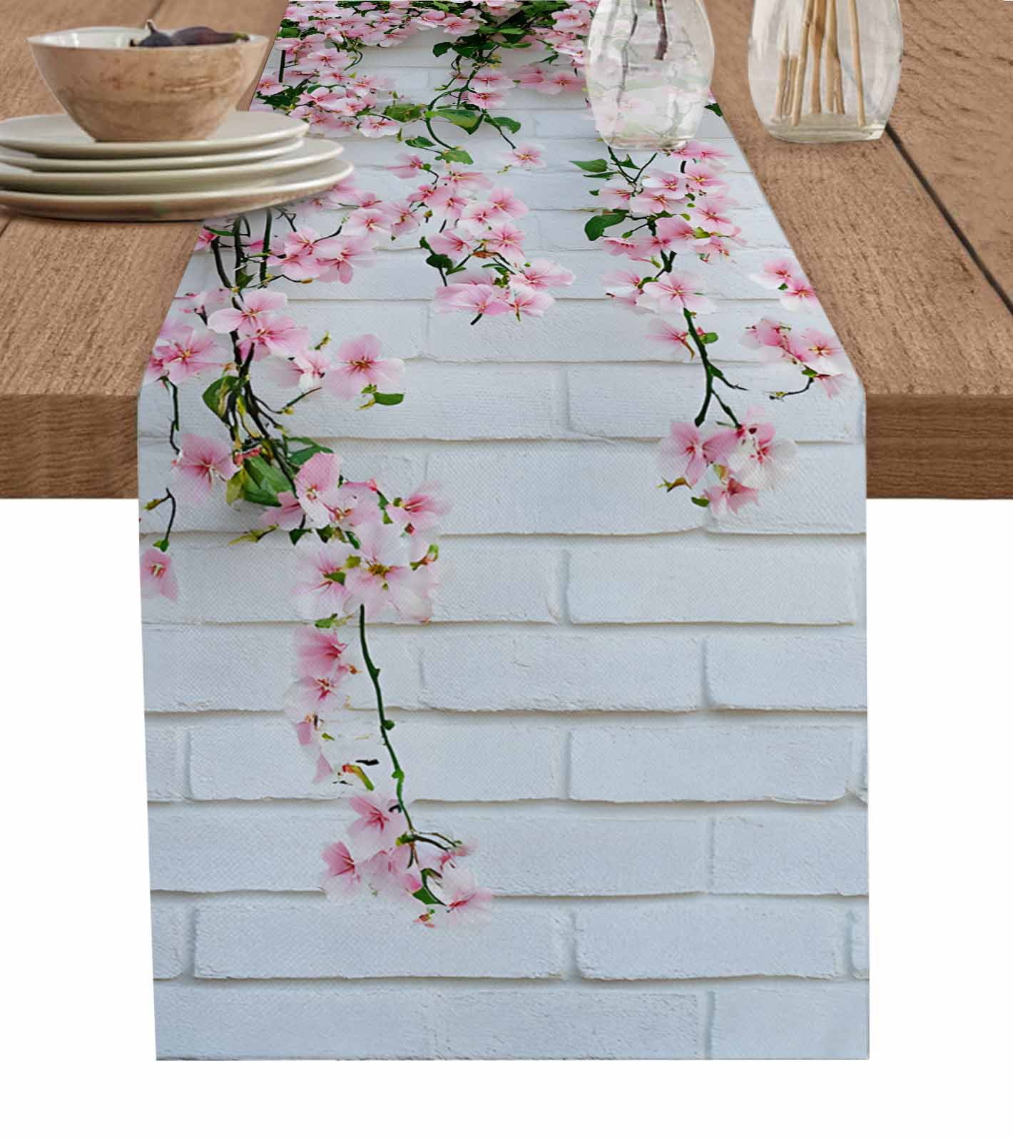 Pink Spring Flowers Table Runner 108 Inches, Summer Floral Botanical ...
